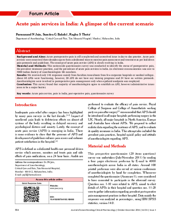 (PDF) Acute pain services in India: A glimpse of the current scenario ...