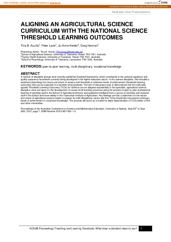 (PDF) Aligning an Agricultural Science Curriculum with the national Science threshold learning ...