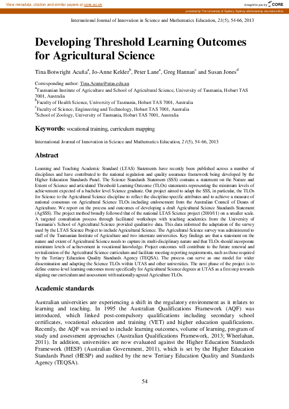 (PDF) Developing threshold learning outcomes for agricultural science