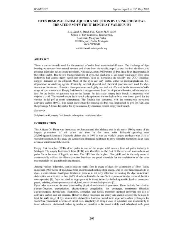 (PDF) Dyes Removal from Aqueous Solution using Chemical Treated Empty Fruit Bunch at Various pH