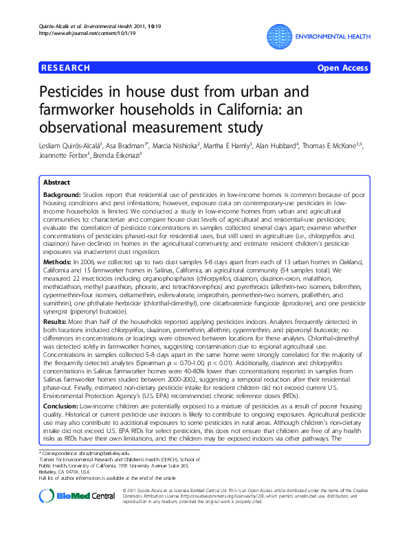 (PDF) Pesticides in house dust from urban and farmworker households in ...
