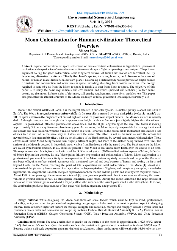 (PDF) Moon Colonization for Human civilization: Theoretical Overview