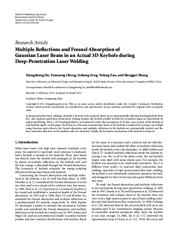 (PDF) Multiple Reflections and Fresnel Absorption of Gaussian Laser ...
