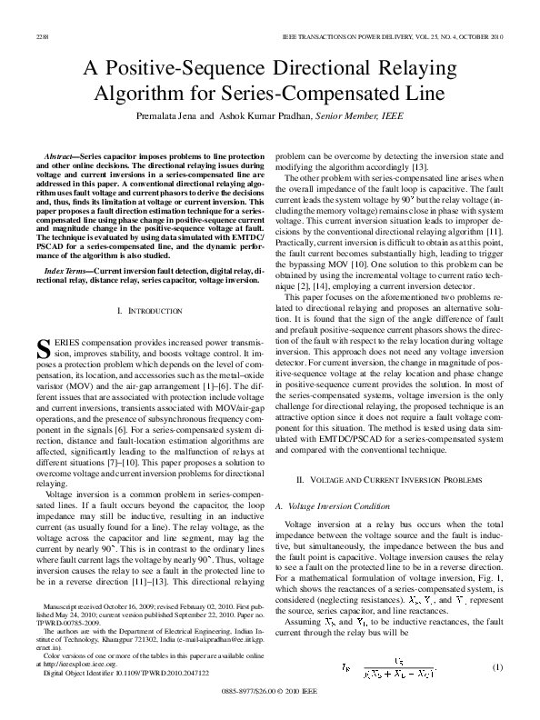 Pdf A Positive Sequence Directional Relaying Algorithm For Series