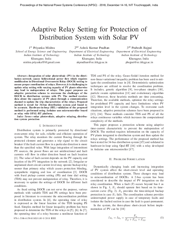 Pdf Adaptive Relay Setting For Protection Of Distribution System With