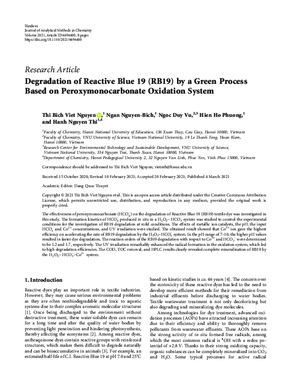 (PDF) Degradation of Reactive Blue 19 (RB19) by a Green Process Based ...