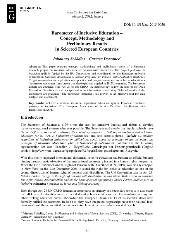 (PDF) Barometer of Inclusive Education – Concept, Methodology and ...