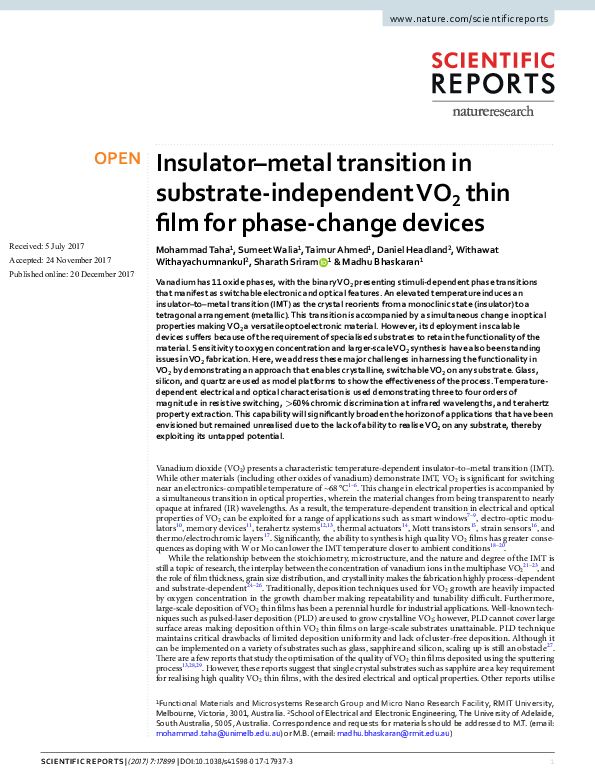 (PDF) Insulator-metal transition in substrate-independent VO2 thin film for phase-change devices