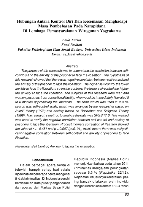 (PDF) Hubungan Antara Kontrol Diri Dan Kecemasan Menghadapi Masa Pembebasan Pada Narapidana Di ...