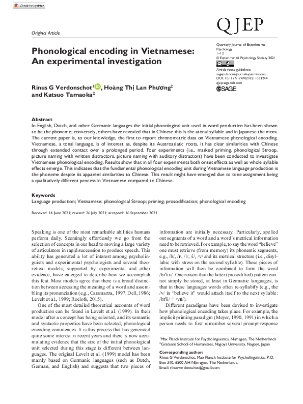 (PDF) Phonological encoding in Vietnamese: An experimental investigation