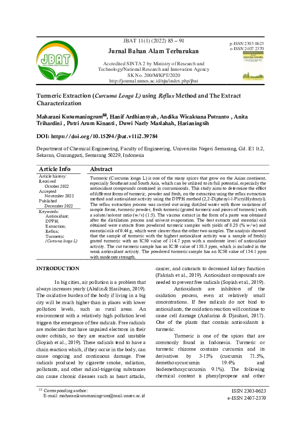 Pdf Turmeric Extraction Curcuma Longa L Using The Reflux Method And Characterization Hanif