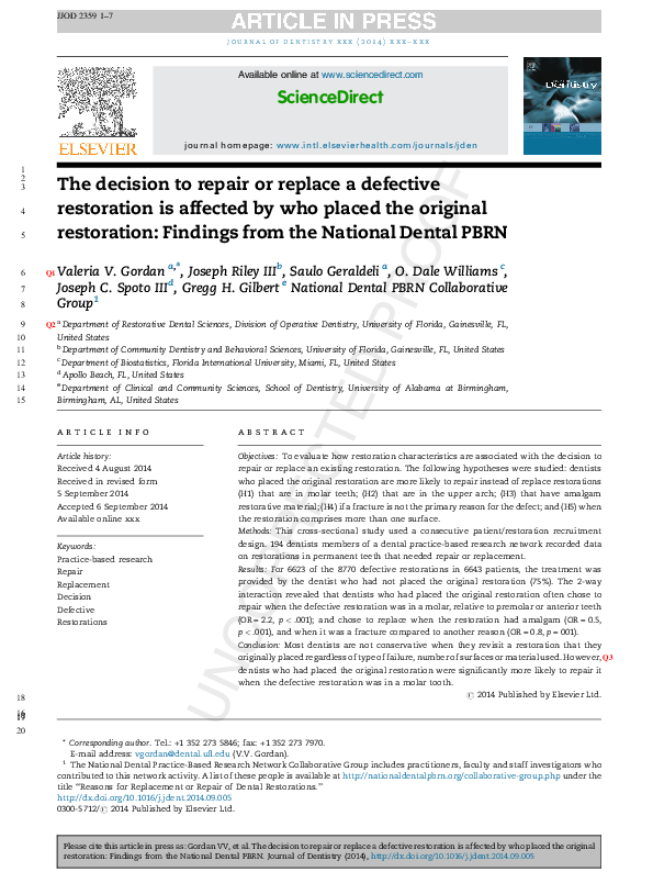 (PDF) The decision to repair or replace a defective restoration is ...