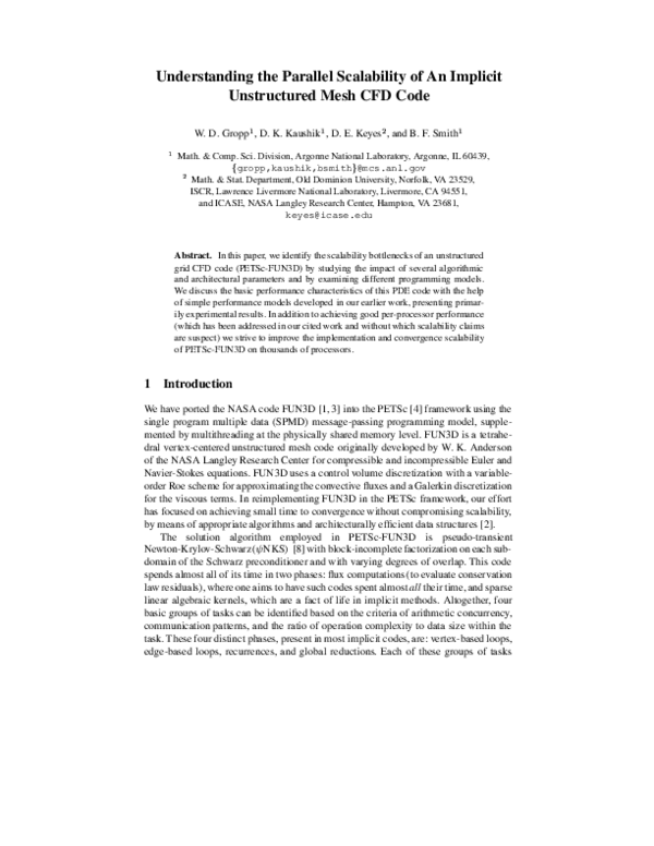 Pdf Analyzing The Parallel Scalability Of An Implicit Unstructured Mesh Cfd Code
