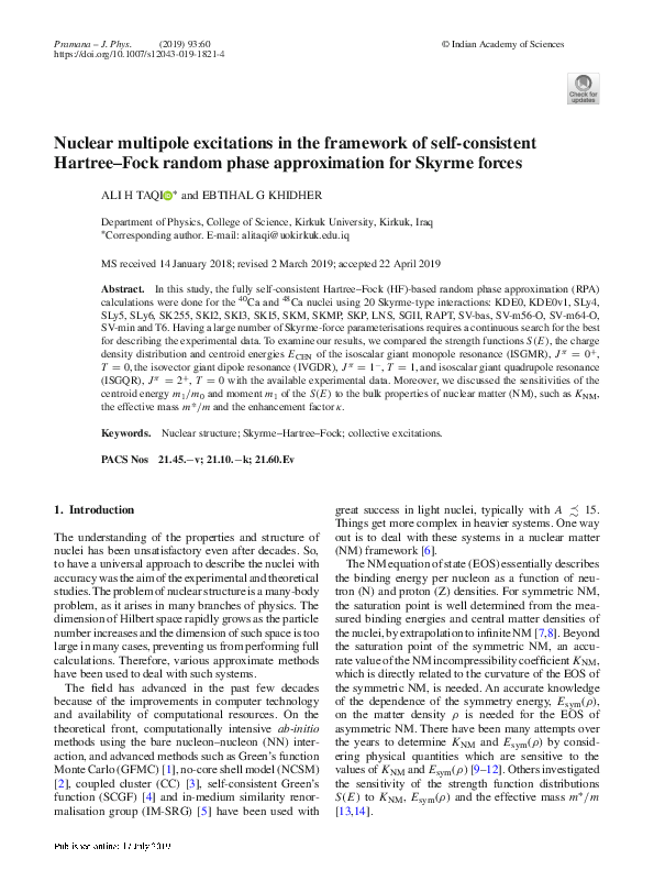 (PDF) Nuclear multipole excitations in the framework of self-consistent Hartree–Fock random ...