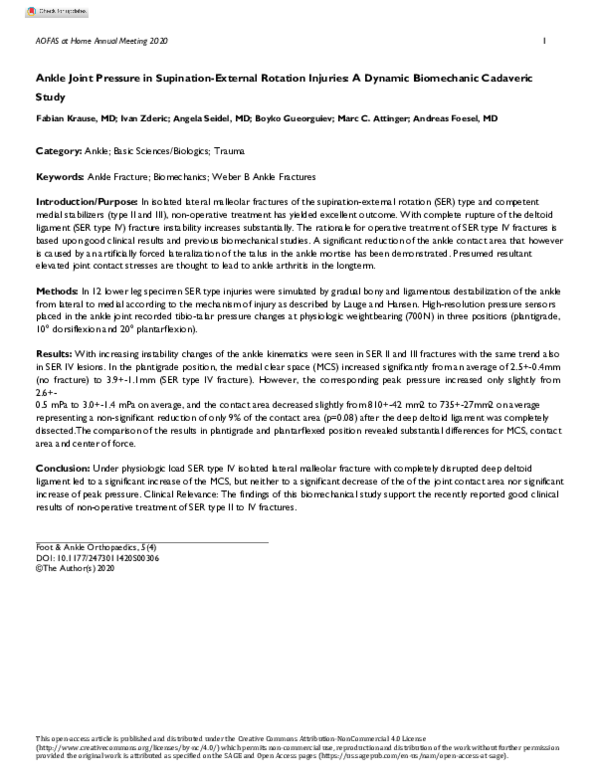 (PDF) Ankle Joint Pressure in Supination–External Rotation Injuries: A ...