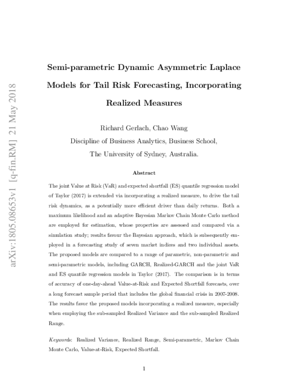 (PDF) Semi-parametric dynamic asymmetric Laplace models for tail risk forecasting, incorporating ...