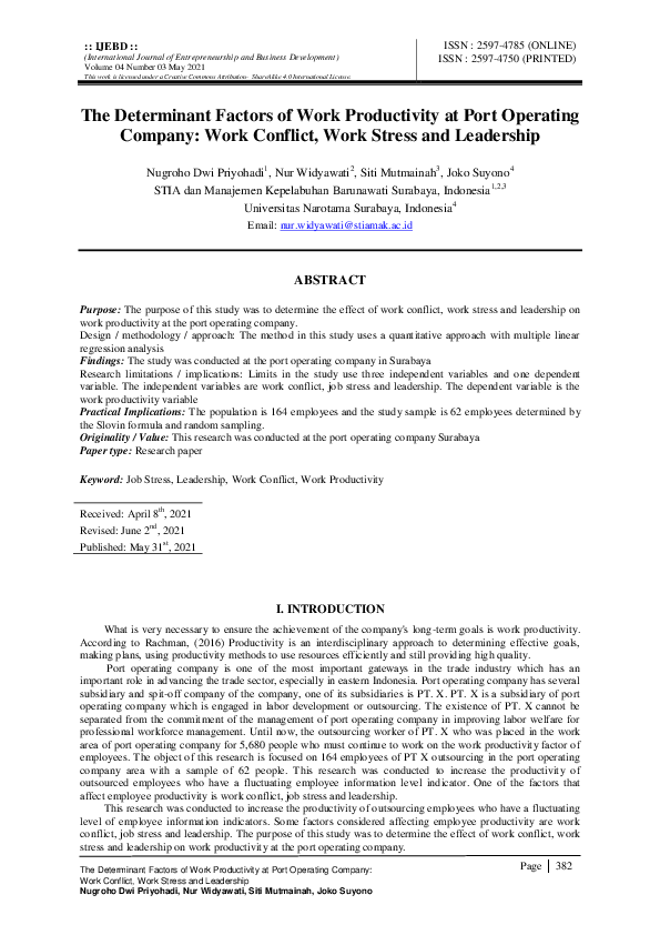 (PDF) The Determinant Factors Of Work Productivity At Port Operating Company: Work Conflict ...