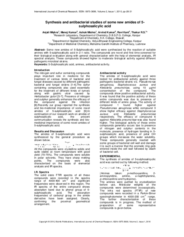 (PDF) Synthesis and antibacterial studies of some new amides of 5- sulphosalicylic acid | Dr ...