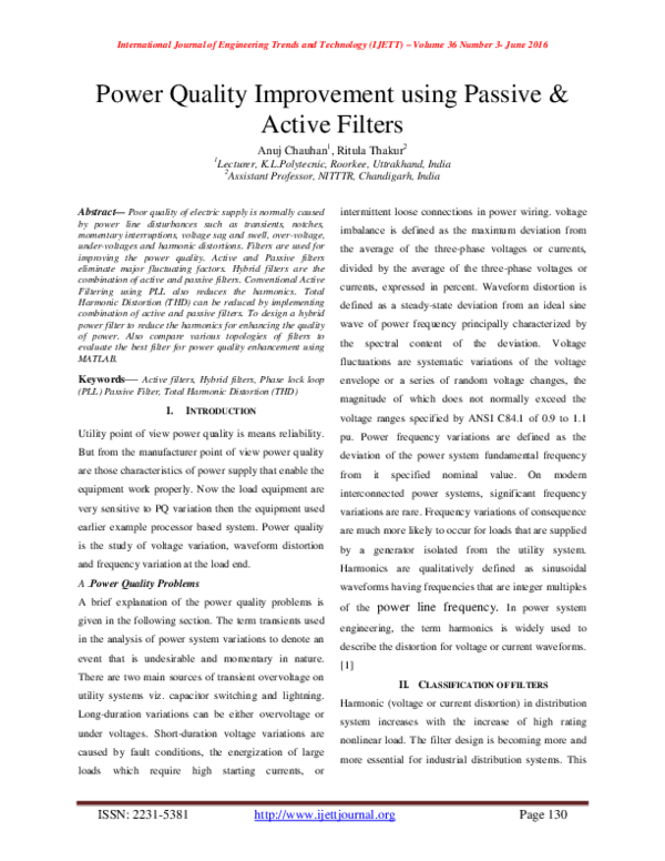 Pdf Power Quality Improvement Using Passive And Active Filters