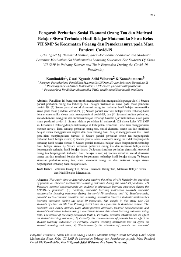 (PDF) Pengaruh Perhatian, Sosial Ekonomi Orang Tua dan Motivasi Belajar Siswa Terhadap Hasil ...