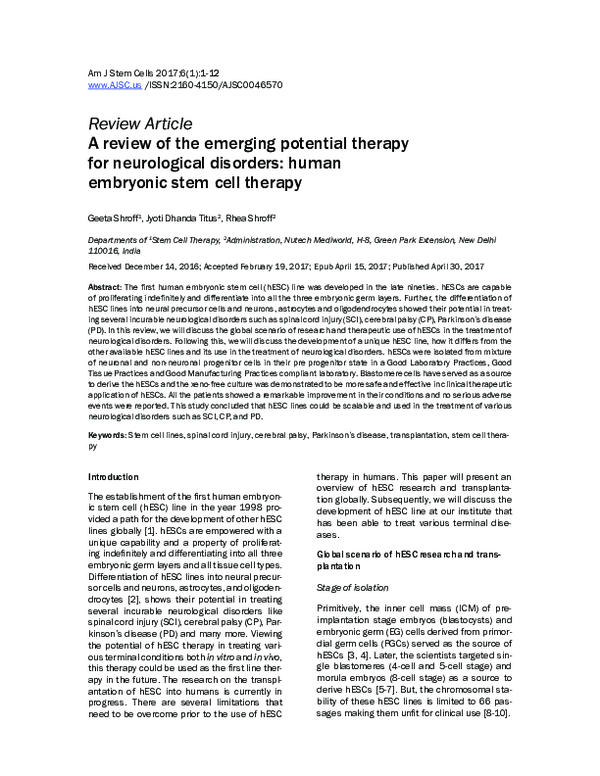 (PDF) A review of the emerging potential therapy for neurological disorders: human embryonic ...