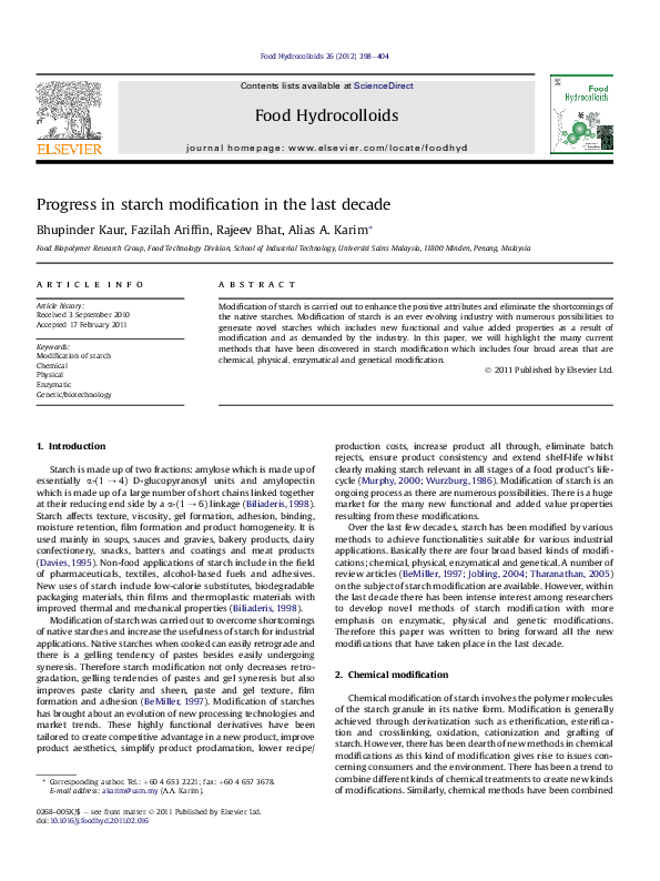 (PDF) Progress in starch modification in the last decade