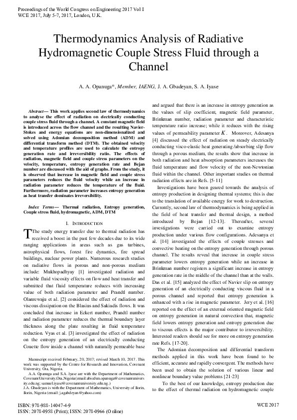 (PDF) Thermodynamics Analysis of Radiative Hydromagnetic Couple Stress Fluid through a Channel