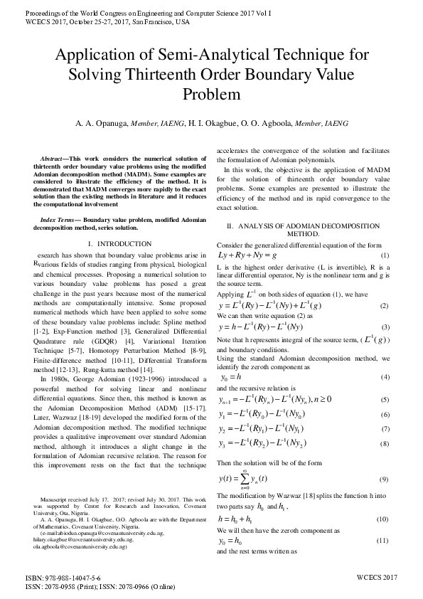 Pdf Application Of Semi Analytical Technique For Solving Thirteenth Order Boundary Value Problem