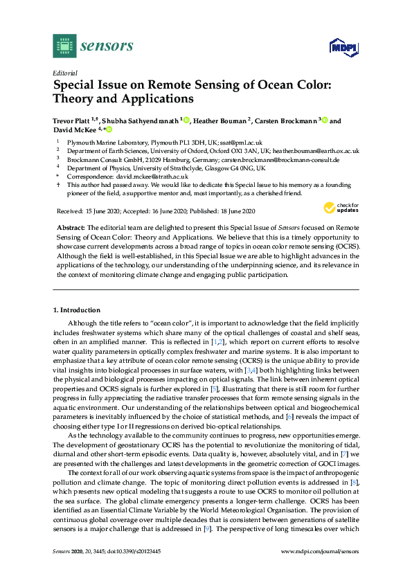 (PDF) Special Issue on Remote Sensing of Ocean Color: Theory and ...