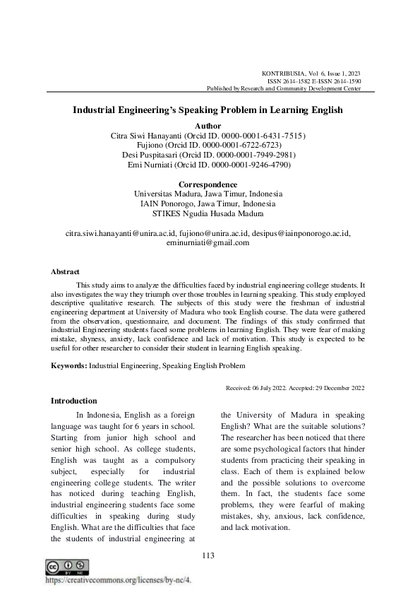 (PDF) Industrial Engineering’s Speaking Problem in Learning English