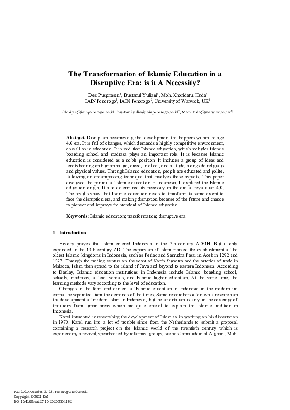 (PDF) The Transformation of Islamic Education in a Disruptive Era: is ...