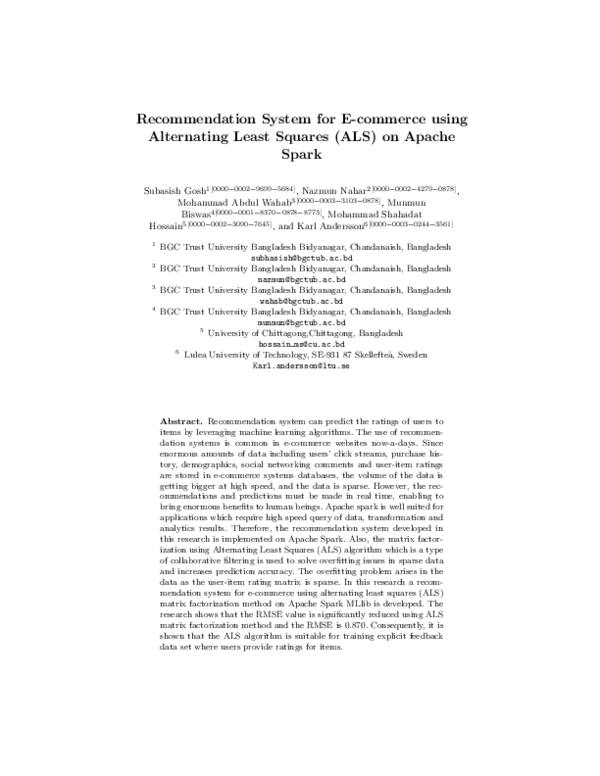 Pdf Recommendation System For E Commerce Using Alternating Least Squares Als On Apache Spark