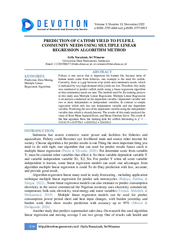 (PDF) Prediction of Catfish Yield To Fulfill Community Needs Using Multiple Linear Regression ...