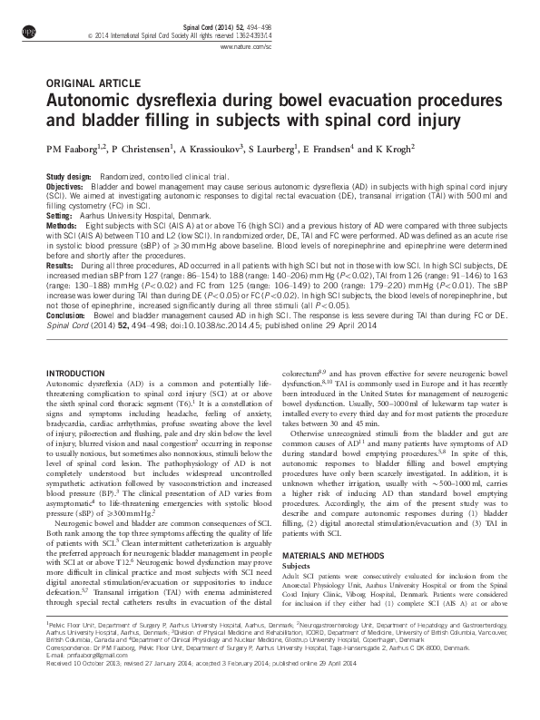 (PDF) Autonomic dysreflexia during bowel evacuation procedures and bladder filling in subjects ...