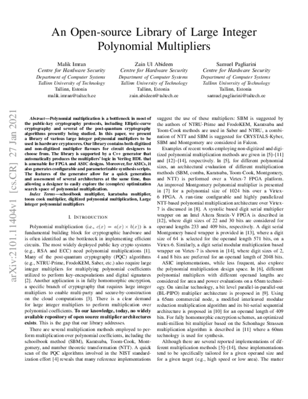 (PDF) An Open-source Library of Large Integer Polynomial Multipliers