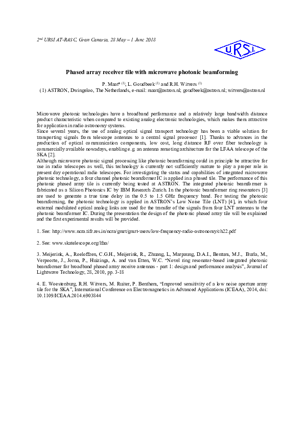 (PDF) Phased array receiver tile with microwave photonic beamforming | L. Goudbeek and R Witvers ...