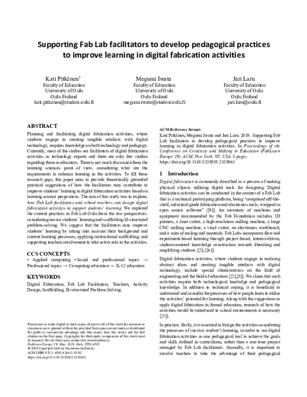 Pdf Supporting Fab Lab Facilitators To Develop Pedagogical Practices To Improve Learning In