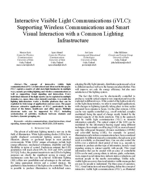 (PDF) Interactive Visible Light Communications (iVLC): Supporting Wireless Communications and ...
