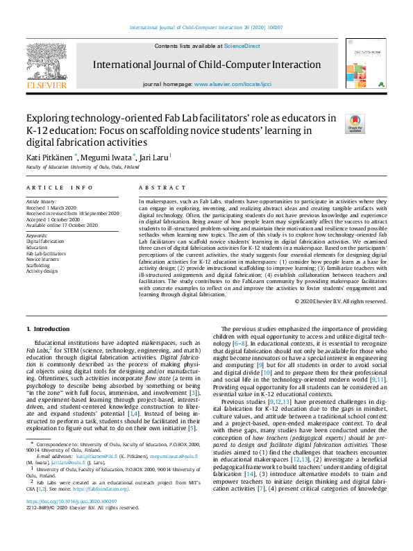 (PDF) Exploring technology-oriented Fab Lab facilitators’ role as educators in K-12 education ...