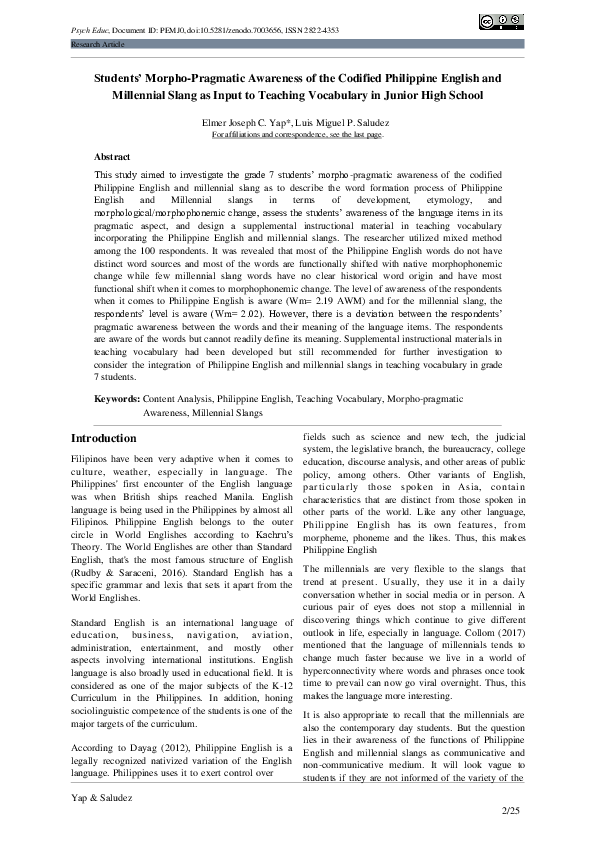 (PDF) Students' Morpho-Pragmatic Awareness of the Codified Philippine ...