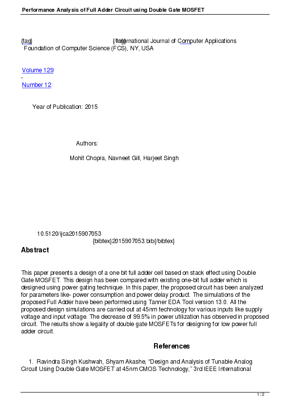 (PDF) Performance Analysis of Full Adder Circuit using Double Gate MOSFET