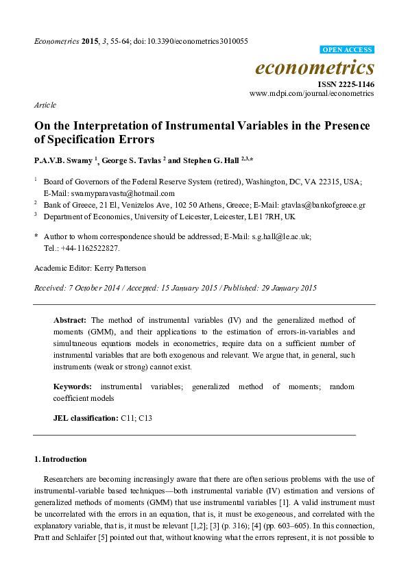 (PDF) Article On the Interpretation of Instrumental Variables in the Presence of Specification ...