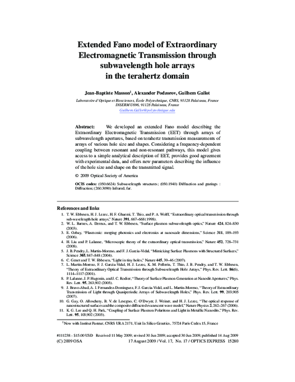 (PDF) Extended Fano model of Extraordinary Electromagnetic Transmission ...