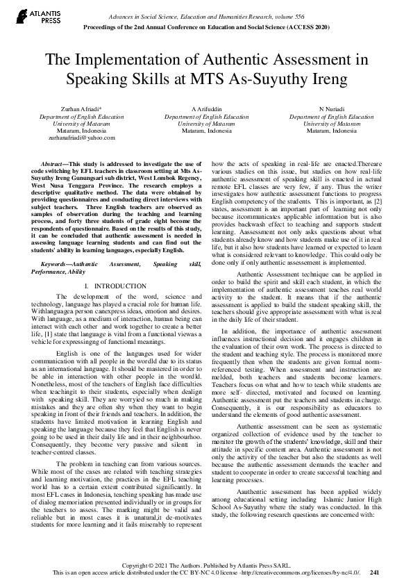 (PDF) The Implementation of Authentic Assessment in Speaking Skills at MTS As-Suyuthy Ireng