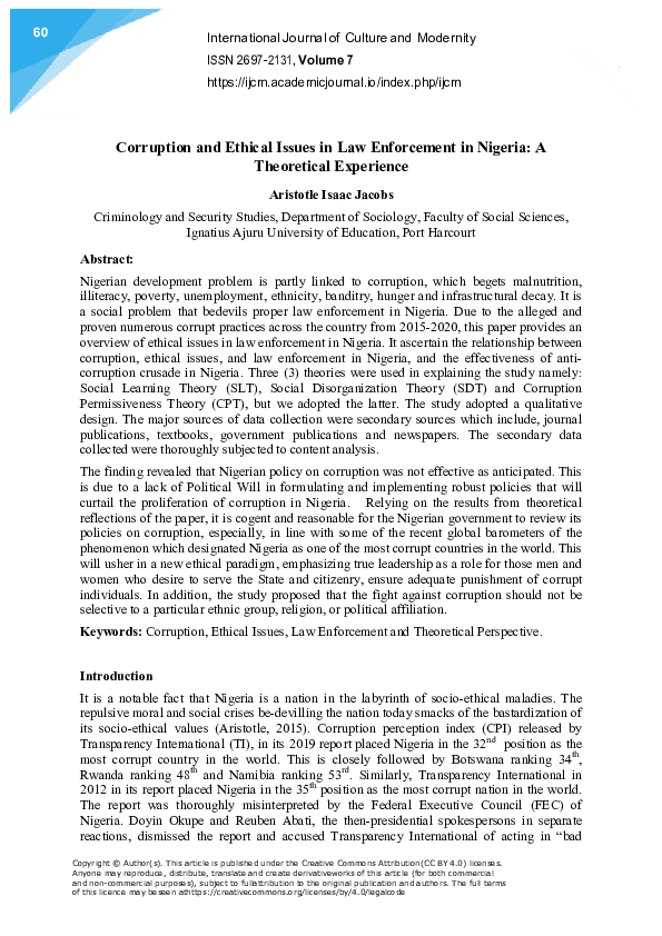 (PDF) Corruption and Ethical Issues in Law Enforcement in Nigeria: A Theoretical Experience