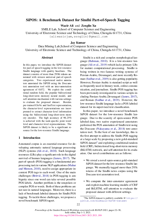 (PDF) SiPOS: A Benchmark Dataset for Sindhi Part-of-Speech Tagging