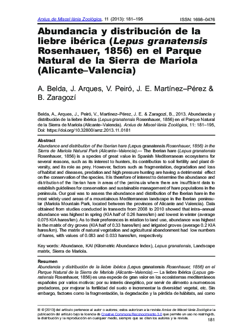 (PDF) Abundancia y distribución de la liebre ibérica (Lepus granatensis ...