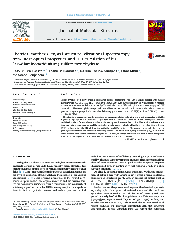 (PDF) Chemical synthesis, crystal structure, vibrational spectroscopy, non-linear optical ...