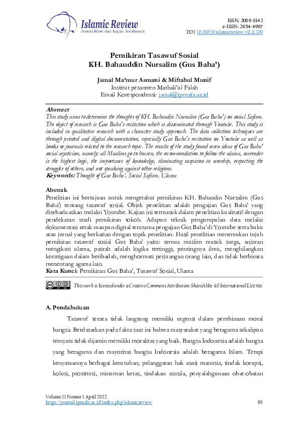 (PDF) Pemikiran Tasawuf Sosial KH. Bahauddin Nursalim (Gus Baha’)