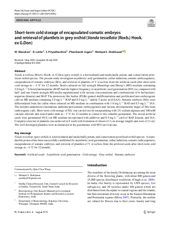 (PDF) Short-term cold storage of encapsulated somatic embryos and ...